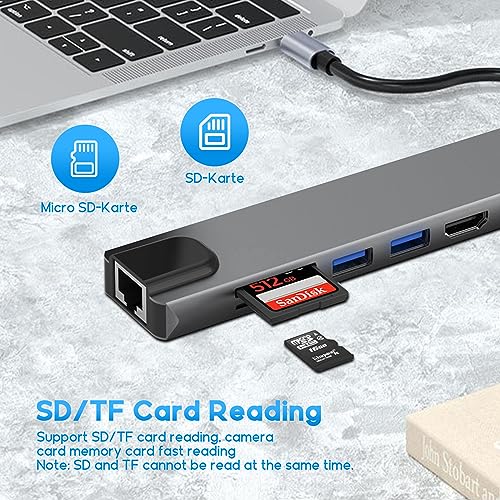 8 in 1 USB C Hub with 4K 30Hz HDMI Port,1 x USB-A 3.0/1 x USB-A 2.0 and 2 x 100W USB-C Port, Ethernet, SD/TF for Dell/Surface/HP/Lenovo Laptops