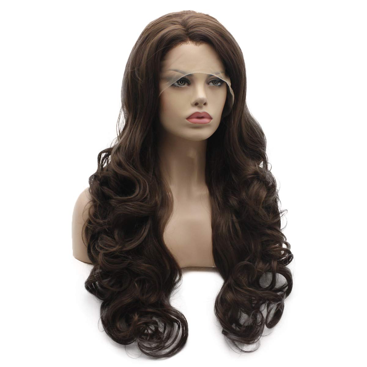 Lushy Wavy Long Ash Brown Wig Half Hand Tied Heat Resistant Realistic Synthetic Lace Front Wig