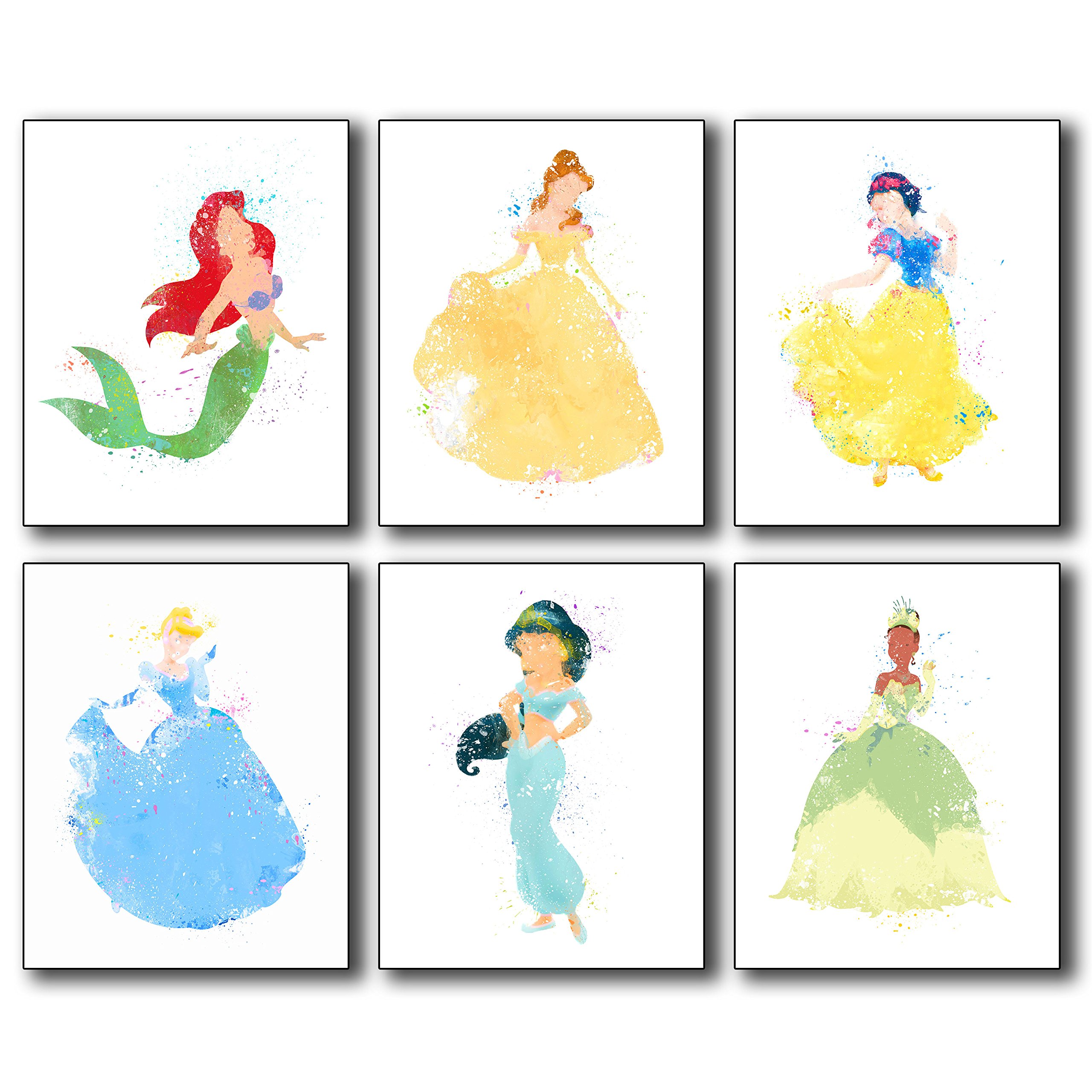 BigWig Prints Disney Princess Wall Art - Watercolor Poster Prints Featuring Ariel, Belle, Snow White, Cinderella, Jasmine, and Tiana, Kids Room Decorations, Art for Girls Room -Unframed 6 Pack (8x10)