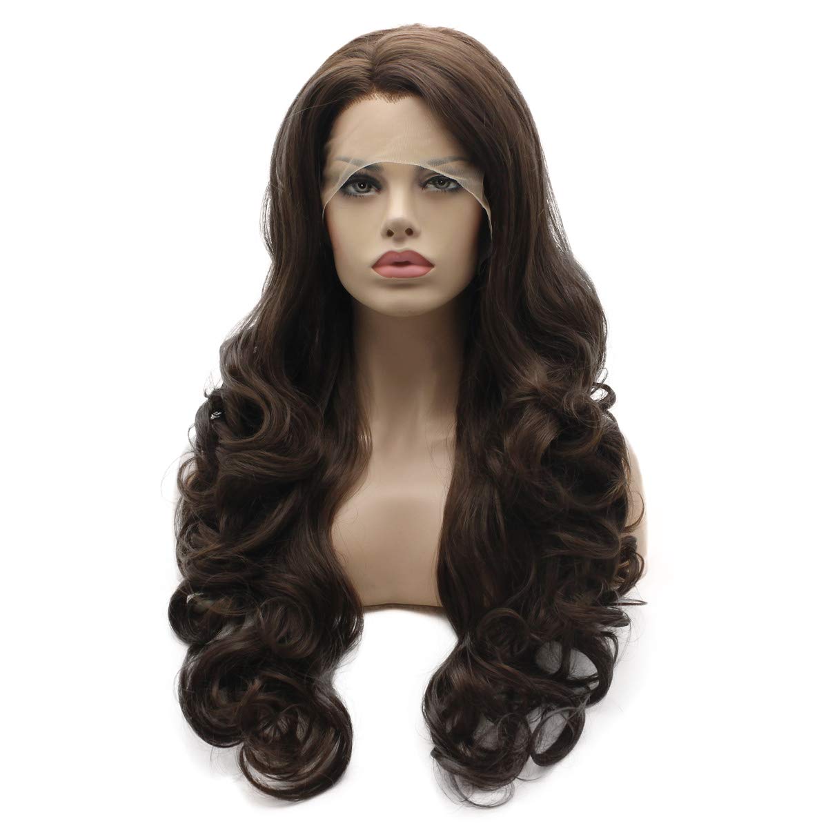 Lushy Wavy Long Ash Brown Wig Half Hand Tied Heat Resistant Realistic Synthetic Lace Front Wig