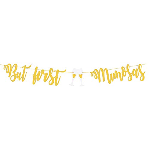 Zotemo But First Mimosas Banner with Goblet Decor, Gold Glitter Mimosa Bar Sign for Bridal Shower Baby Shower Decorations