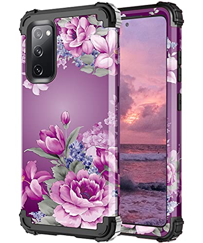 LONTECT for Galaxy S20 FE 5G Case Floral Shockproof Heavy Duty 3 in 1 Hybrid Sturdy Rugged Durable Protective Cover Girls Women Case for Samsung Galaxy S20 FE 5G 6.5 inch,Purple Flower/Black