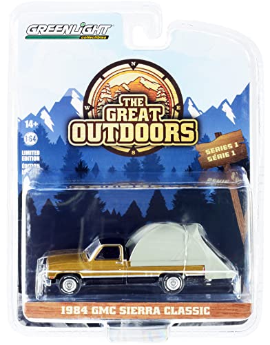 1984 Sierra Classic Pickup Truck Gold Met. & Black with Modern Truck Bed Tent The Great Outdoors 1/64 Diecast Model Car by Greenlight 38010 C