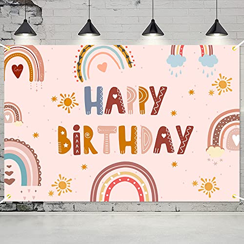 Boho Rainbow Happy Birthday Backdrop Banner Pink Bohemian Sunshine Theme Background Decorations for Women Girls Baby Shower Photography Party Sign Decor Supplies