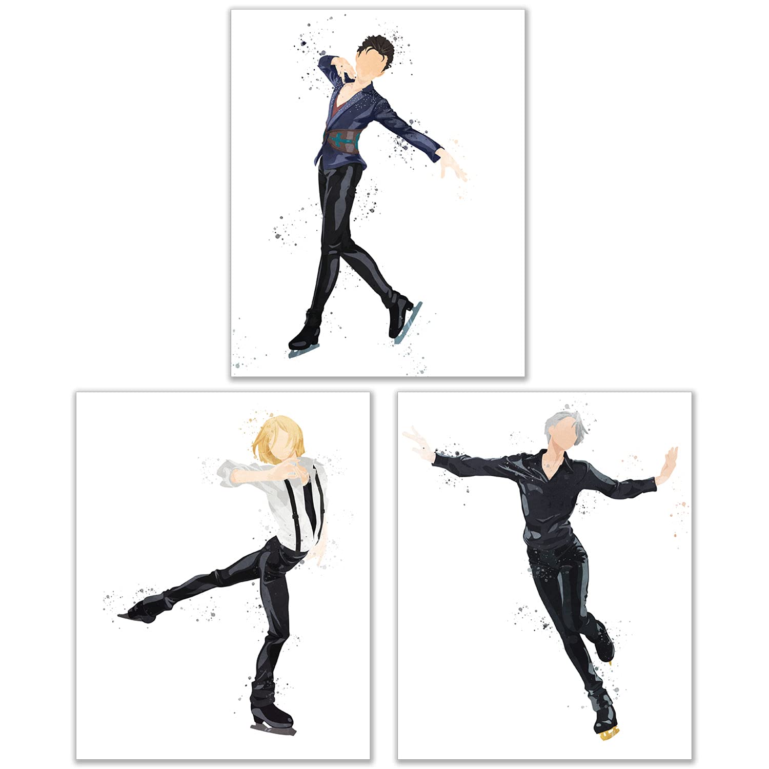 BigWigPrints Yuri!! on Ice Poster Prints - Set of 3 (8 x 10 inches) Anime Manga Figure Skating Watercolor Wall Art Decor - Victor Nikiforov - Yuuri Katsuki - Yuri Plisetsky