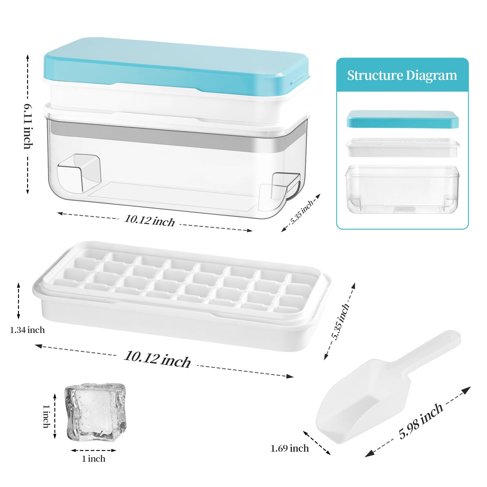 forcozyvie Ice Cube Tray with Lid and Bin,64Pcs Silicone Ice Cube Mold,Large Ice Cube Maker for Freezer, Easy Release Stackable 2 Ice Trays w/Tongs and Scoop for Whiskey Cocktail Coffee Tea Baby Food