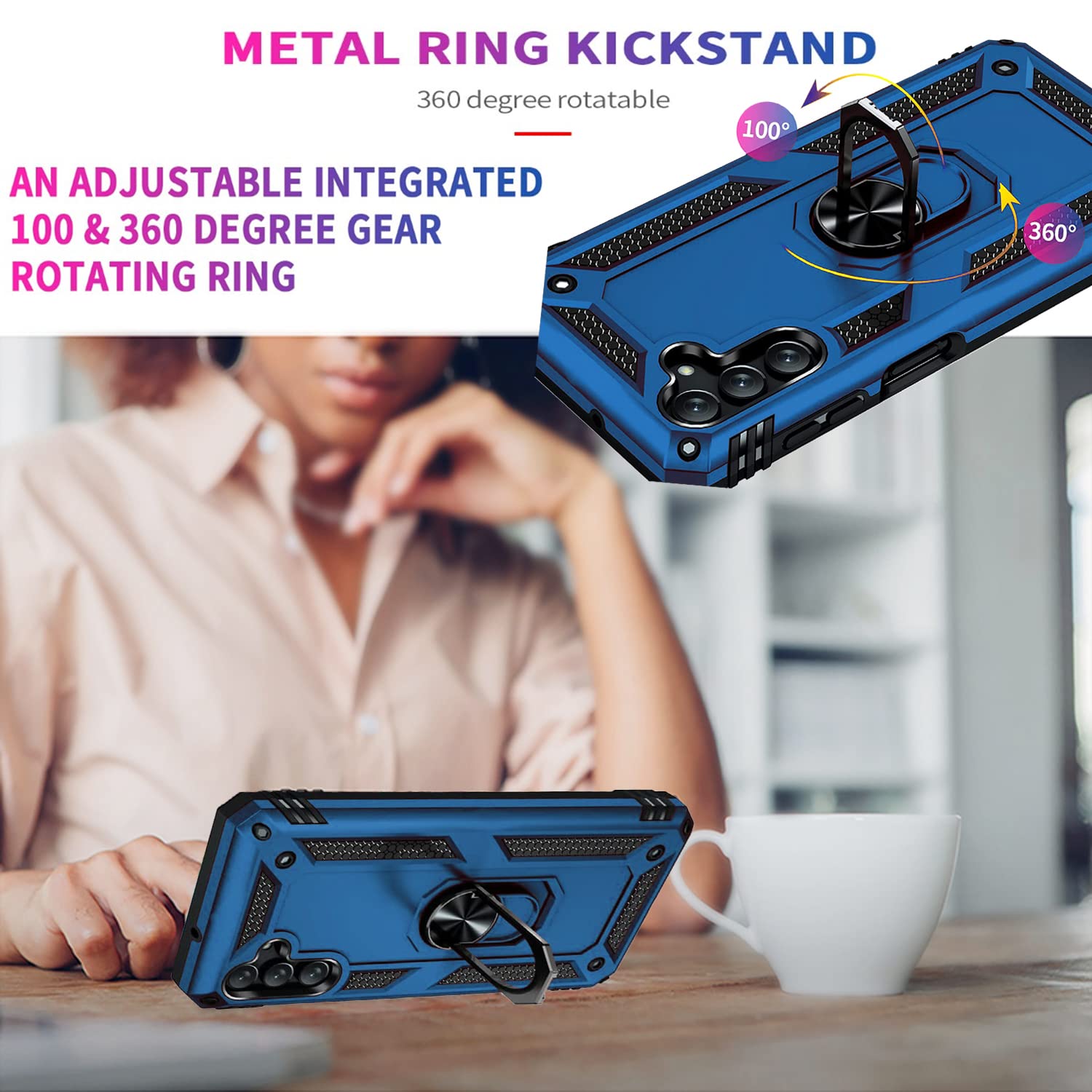 STARSHOP Galaxy A13 5G Phone Case, Samsung Galaxy A13 5G Case, with [Tempered Glass Screen Protector Included], Military Grade Shockproof Drop Protection Phone Cover with Metal Ring Kickstand - Navy