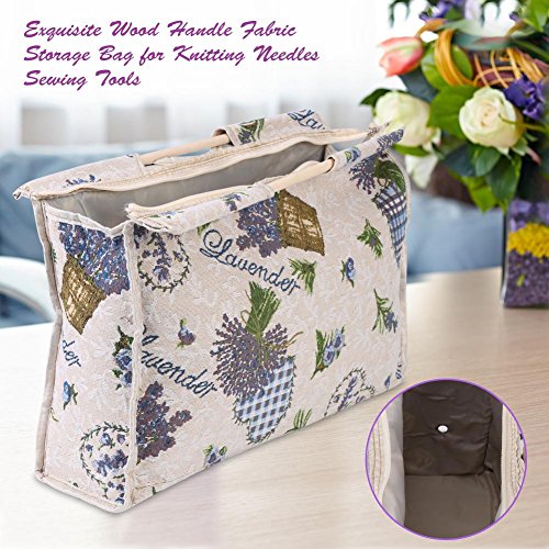 Antilog Knitting Bag,1pc Exquisite Practical Wood Handle Woven Fabric Storage Bag for Knitting Needles Sewing Tools(Blue Flower)