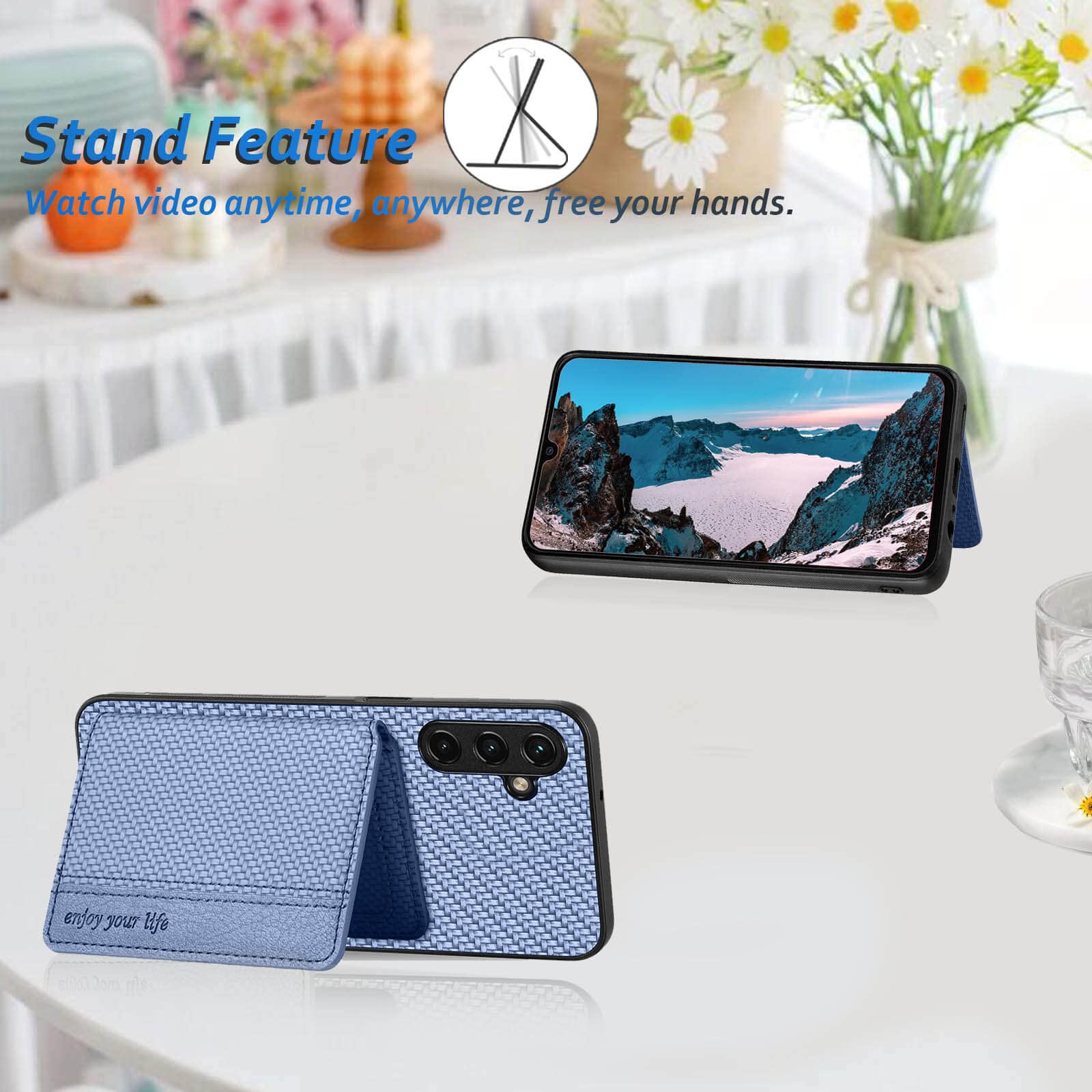 JanCalm for Samsung Galaxy A14 Case Card Holder, RFID Blocking, Kickstand, Camera Protector, PU Leather Shockproof Protective Flip Cover Phone Case (Blue)