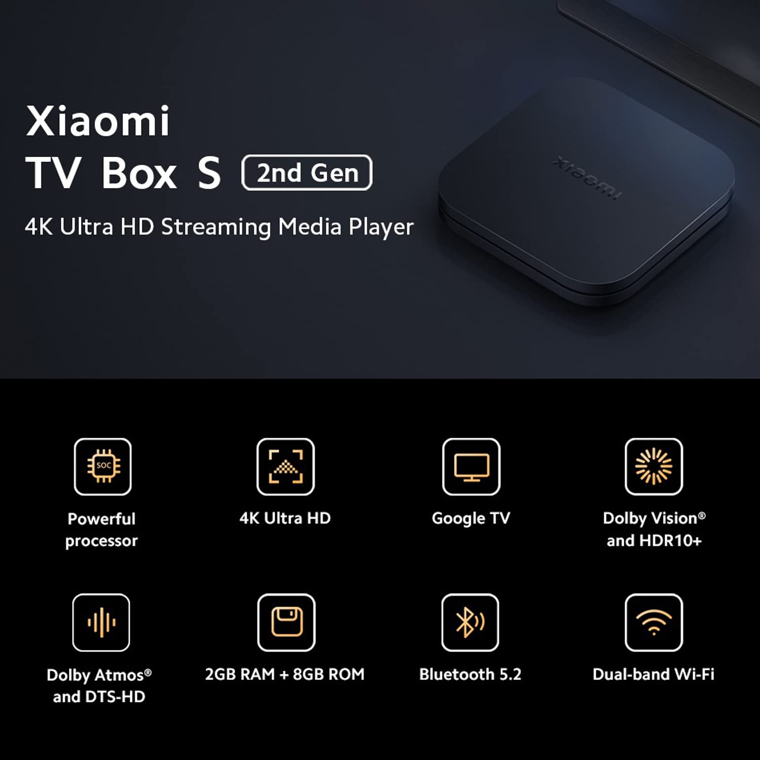 Xiaomi TV Box S (2nd Gen) 4K Ultra HD Streaming Media Player, Google TV Box with 2GB RAM 8GB ROM, 2.4G/5G Dual WiFi, Bluetooth 5.2 & Dolby Audio and DTS-HD, Dolby Vision, HDR10+
