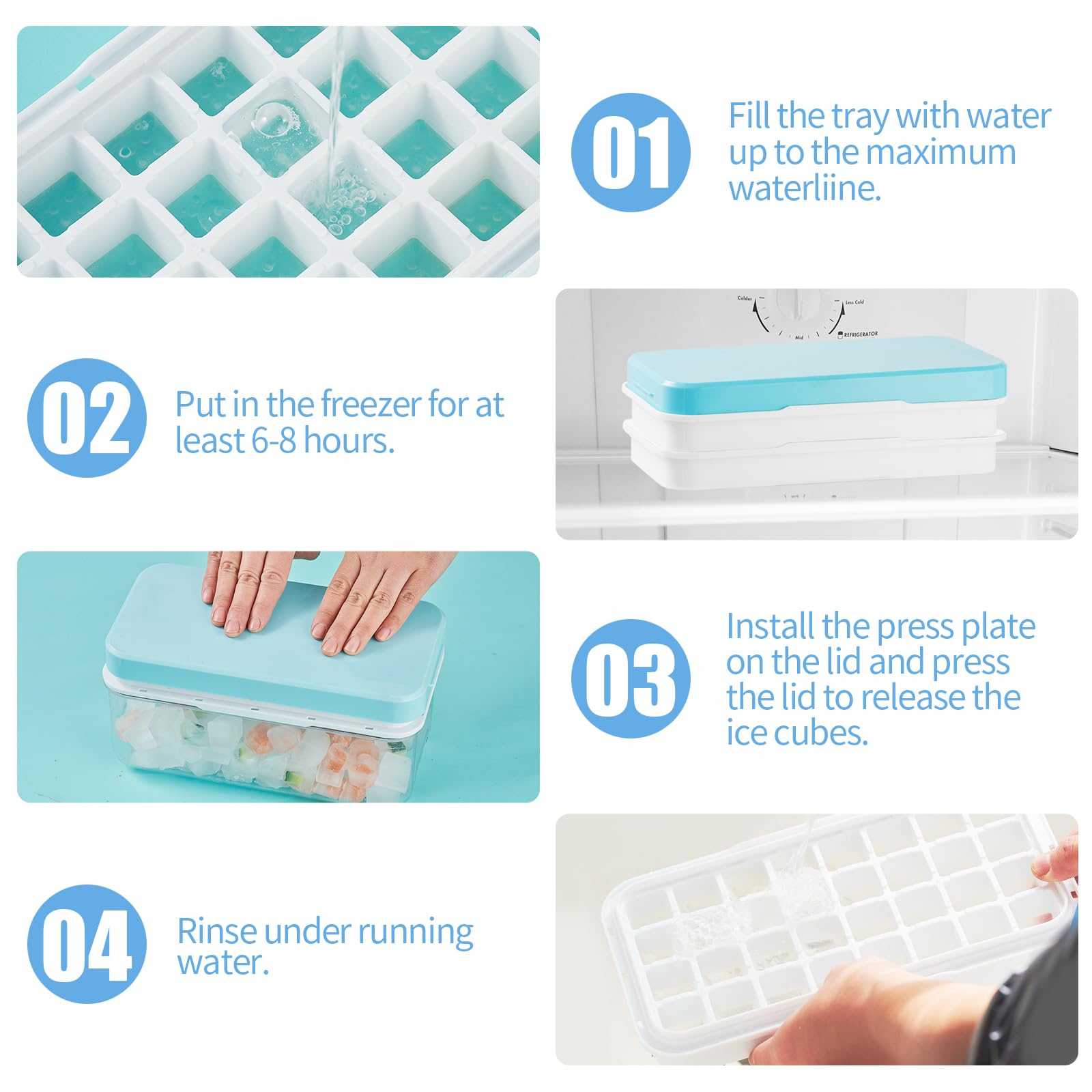 forcozyvie Ice Cube Tray with Lid and Bin,64Pcs Silicone Ice Cube Mold,Large Ice Cube Maker for Freezer, Easy Release Stackable 2 Ice Trays w/Tongs and Scoop for Whiskey Cocktail Coffee Tea Baby Food