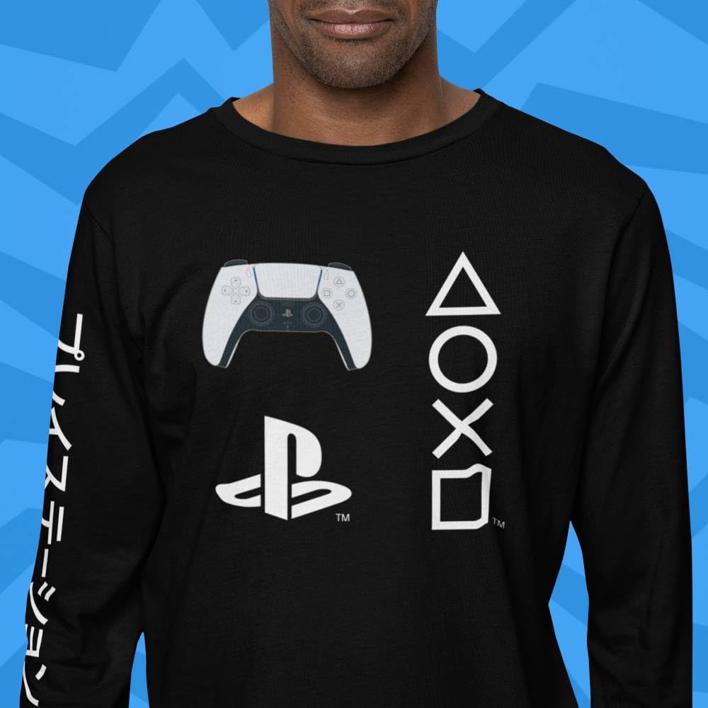 Ripple Junction Sony PlayStation Men’s Long Sleeve T-Shirt Controller, Logo, and Buttons XL Black