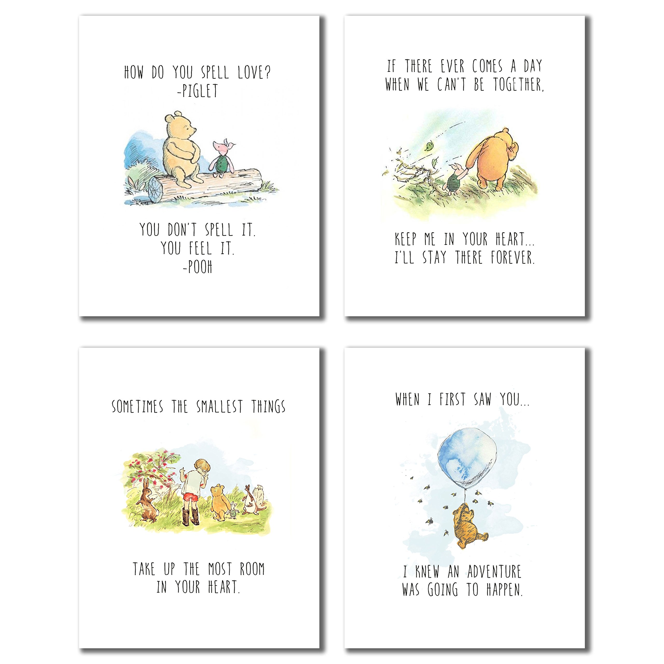 Bigwig Prints Winnie the Pooh Wall Art - Classic Winnie the Pooh Quotes, Nursery Room Decor, Kids Bedroom Decorations, Inspirational Prints for Boys and Girls - Unframed Set of 4 (8x10")