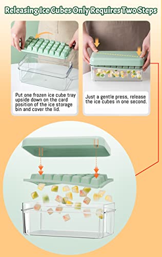 Square Ice Cube Tray with Lid & Storage Bin, Ice Cube Maker Mold for Freezer with Container, Mini Ice Cube Tray Makes 60 Cube Ice at once for Cocktail Whiskey Tea Coffee, 2 trays 1 Bucket (Clear lid)