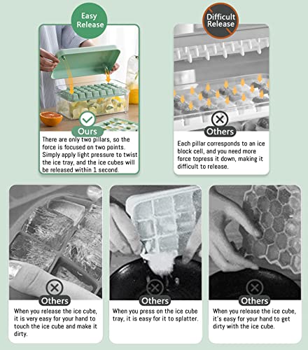 Square Ice Cube Tray with Lid & Storage Bin, Ice Cube Maker Mold for Freezer with Container, Mini Ice Cube Tray Makes 60 Cube Ice at once for Cocktail Whiskey Tea Coffee, 2 trays 1 Bucket (Clear lid)