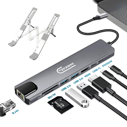 8 in 1 USB C Hub with 4K 30Hz HDMI Port,1 x USB-A 3.0/1 x USB-A 2.0 and 2 x 100W USB-C Port, Ethernet, SD/TF for Dell/Surface/HP/Lenovo Laptops
