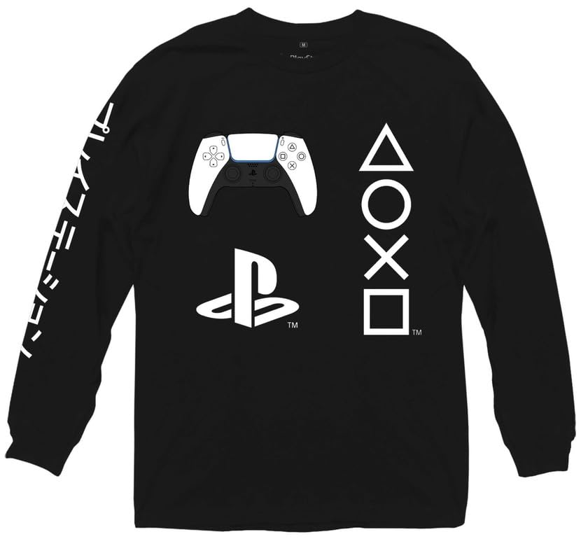 Ripple Junction Sony PlayStation Men’s Long Sleeve T-Shirt Controller, Logo, and Buttons XL Black