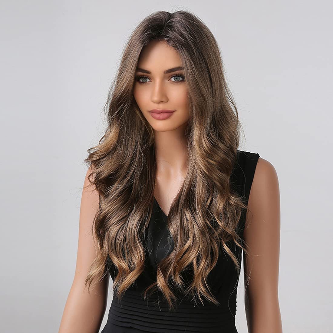 BERON Brown Wig Long Wavy Wig Brown Wigs for Women Long Curly Wig Brown with Dark Roots Synthetic Hair Wave Wigs with Dark Roots Wig Cap Include