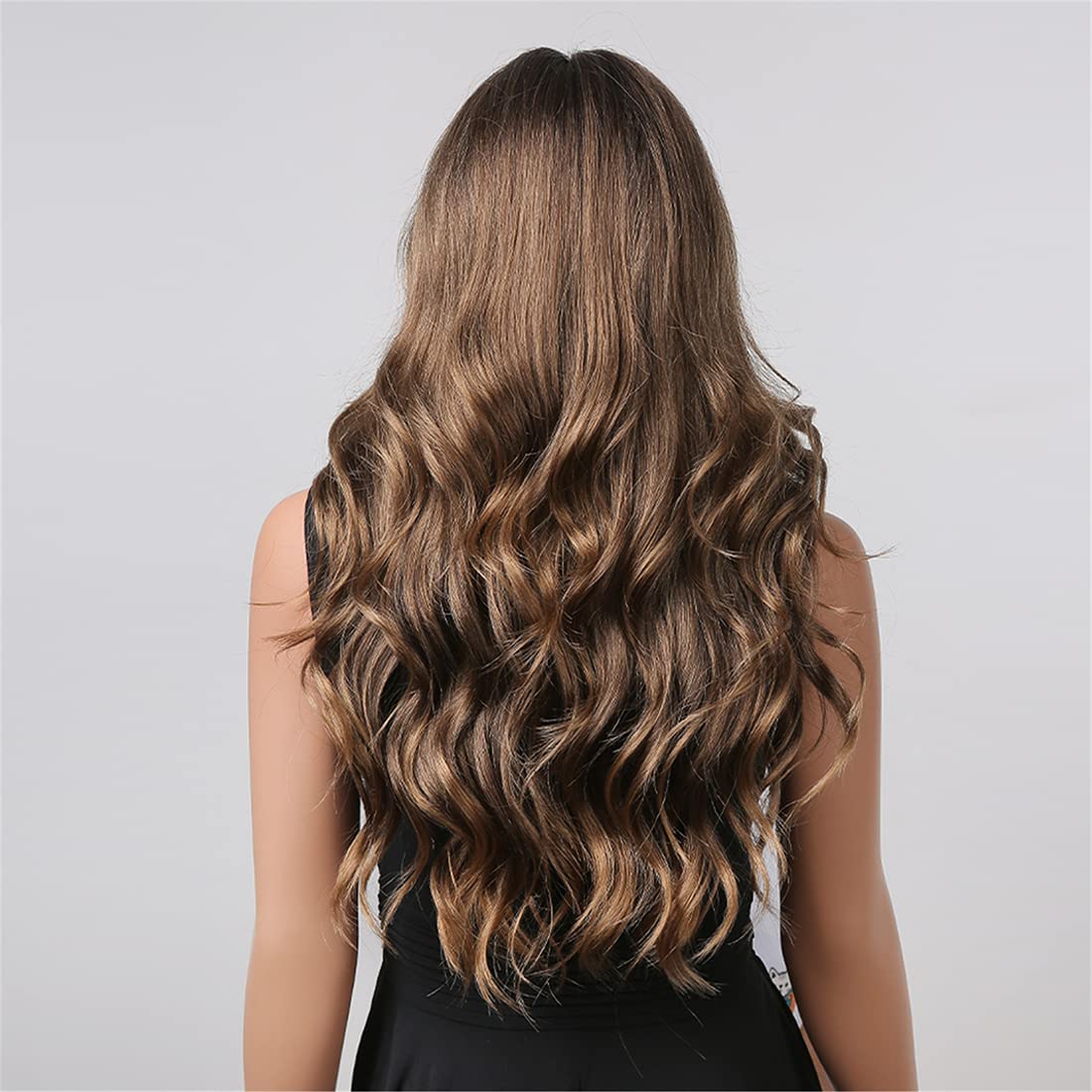 BERON Brown Wig Long Wavy Wig Brown Wigs for Women Long Curly Wig Brown with Dark Roots Synthetic Hair Wave Wigs with Dark Roots Wig Cap Include