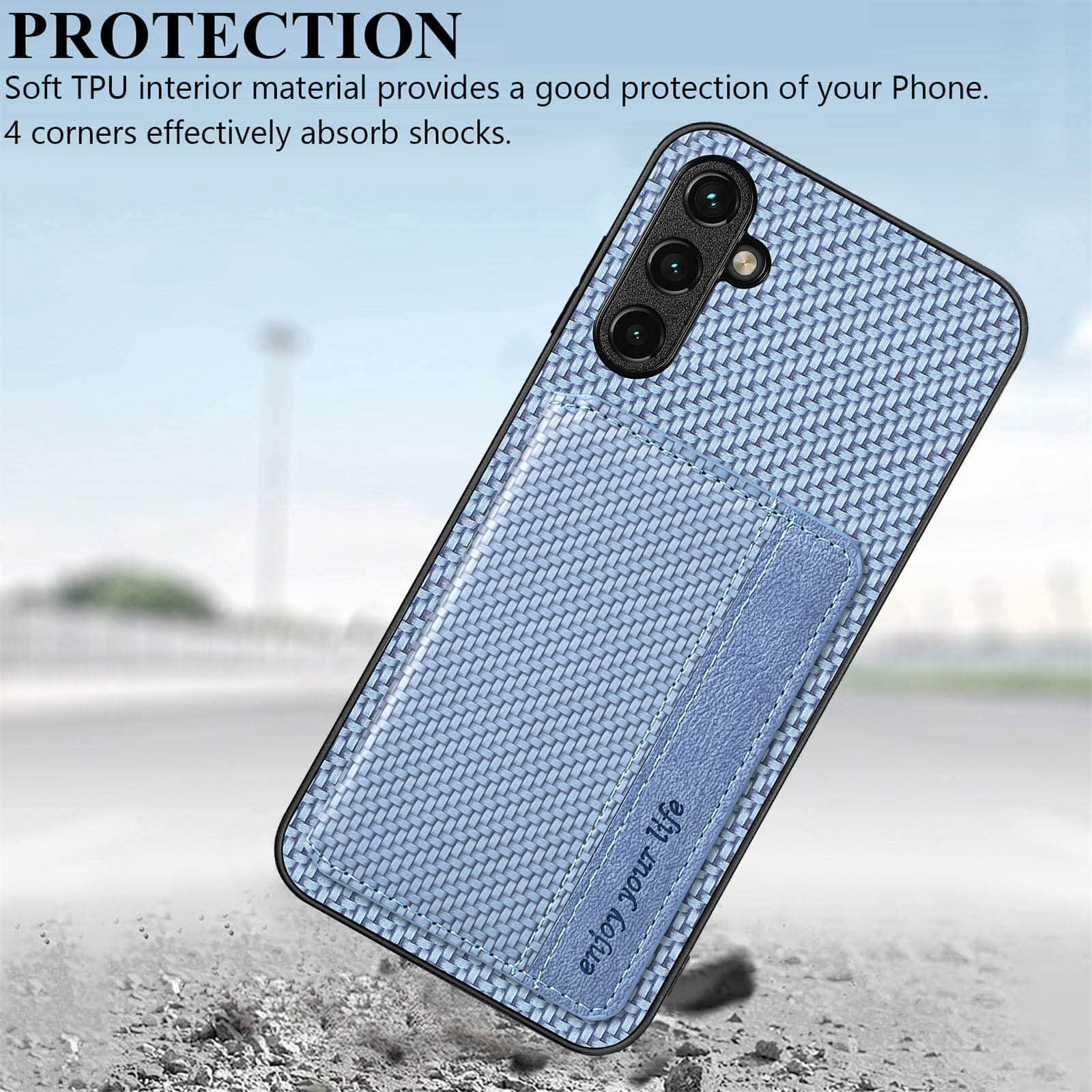 JanCalm for Samsung Galaxy A14 Case Card Holder, RFID Blocking, Kickstand, Camera Protector, PU Leather Shockproof Protective Flip Cover Phone Case (Blue)