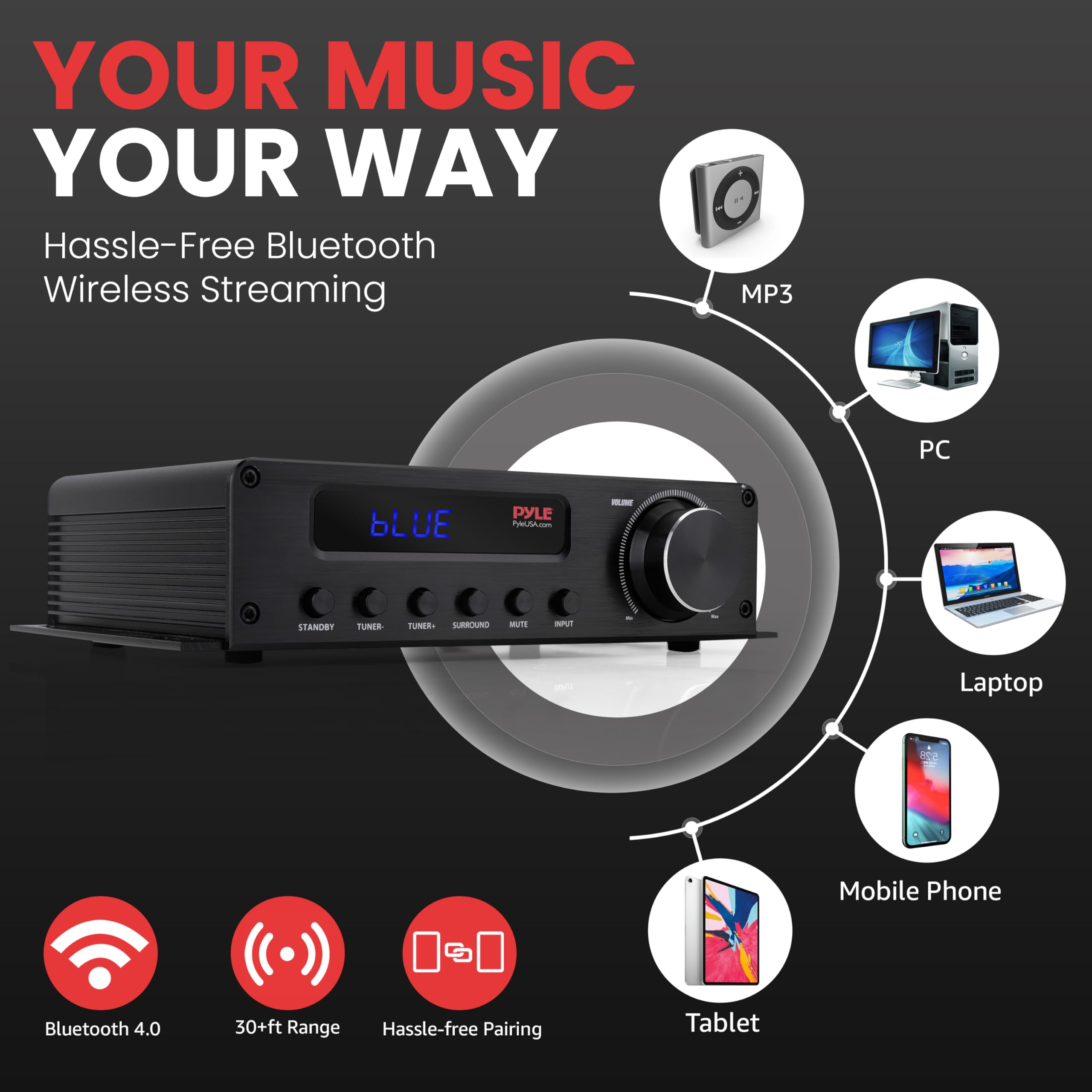 Pyle 100W 5 Channel Audio Amplifier - Wireless Bluetooth Home Theater Power Stereo Receiver with Surround Sound w/HDMI, AUX, FM Antenna, Subwoofer Speaker Input, 12V Adapter - PFA540BT.6