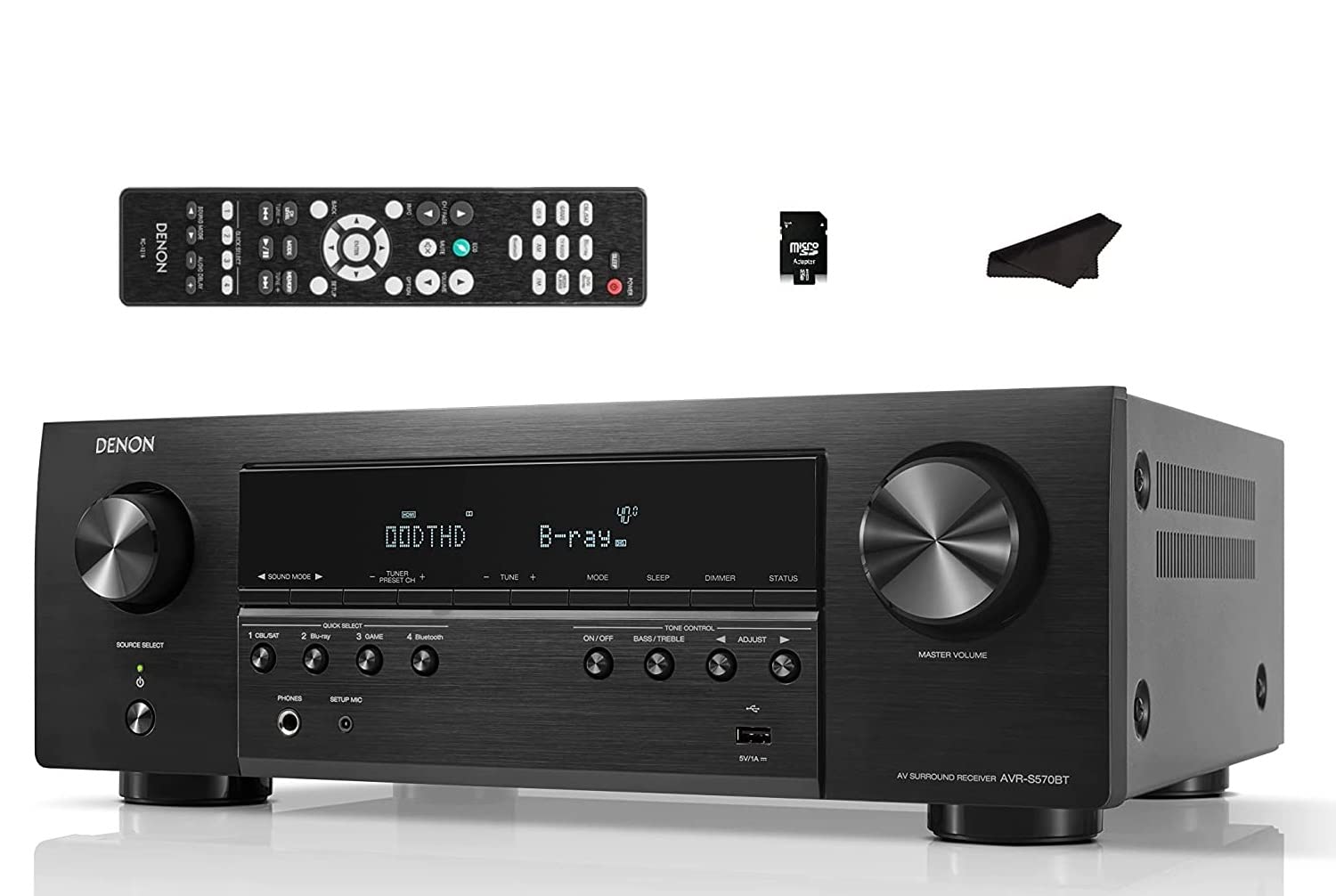 Denon - AVR-S570BT Receiver, 5.2 Channel, 8K Ultra HD Audio and Video, Home Theater System, Built-in Bluetooth and USB - Black | Includes Kwalicable Micro SD Card & Cleaning Cloth