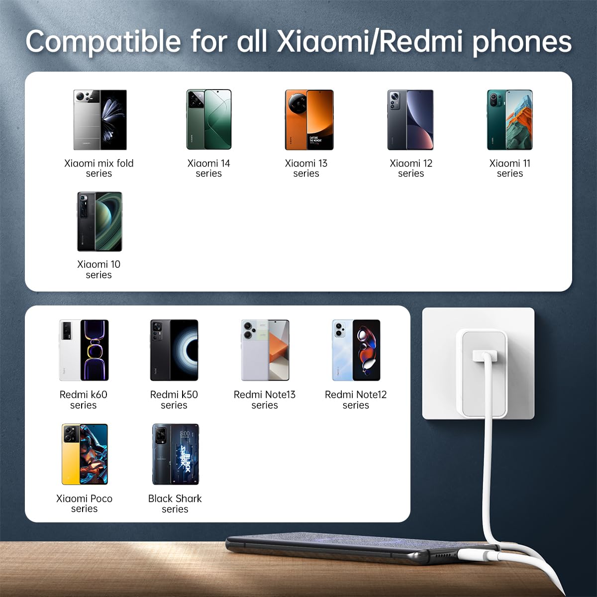 67W for Xiaomi Charger Turbo Fast Wall Block for Xiaomi Mi 14 13 12 13t 12t 12s Pro Lite Redmi Note K60 K50 11 11s 12 Pro Plus Poco X6 F5 X5 F4 X4 Gt Black Shark 3 4 Pro 5ft Hypercharge Type C Cable