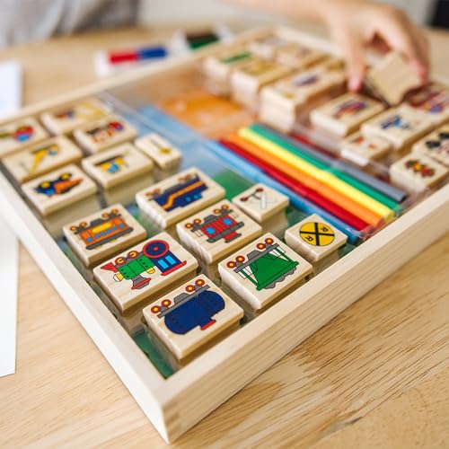 Melissa & Doug Deluxe Wooden Stamp and Coloring Set β Vehicles (30 Stamps, 6 Markers, 2 Durable 2-Color Stamp Pads)