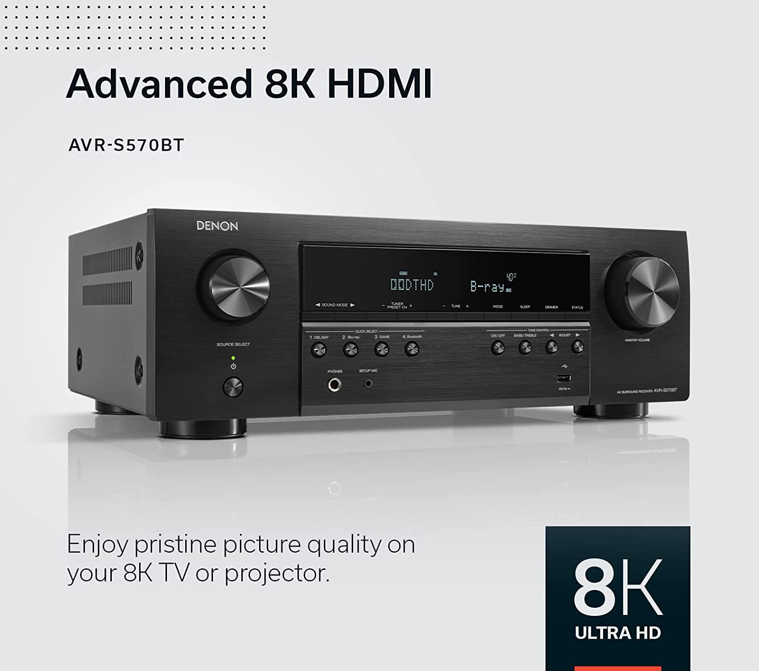 Denon - AVR-S570BT Receiver, 5.2 Channel, 8K Ultra HD Audio and Video, Home Theater System, Built-in Bluetooth and USB - Black | Includes Kwalicable Micro SD Card & Cleaning Cloth