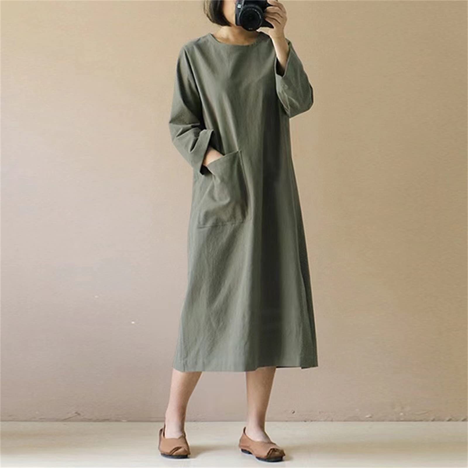 A Line Summer Dresses for Women 2023 Women Long Sleeve O Neck Solid Literary Retro Casual Dress with Pockets Army Green