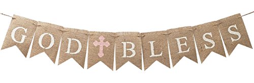 First Communion God Bless Banner - Ready to Hang Burlap Garland - Baptism Christening Church Celebration Decoration – Pink Cross Confirmation Design by Jolly Jon