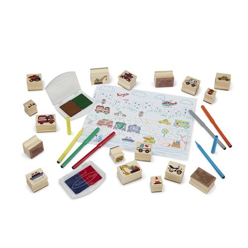 Melissa & Doug Deluxe Wooden Stamp and Coloring Set β Vehicles (30 Stamps, 6 Markers, 2 Durable 2-Color Stamp Pads)