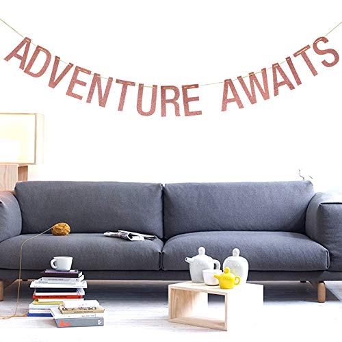 Adventure Awaits Banner - Graduations/Bon Voyage/Travel Themed/Retirement/Farewell Party Supplies（ Rose Gold）
