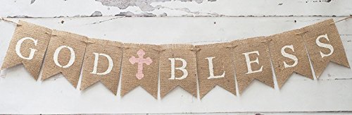 First Communion God Bless Banner - Ready to Hang Burlap Garland - Baptism Christening Church Celebration Decoration – Pink Cross Confirmation Design by Jolly Jon