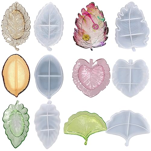 Aursrenty 6Pcs Leaf Tray Resin Mold, 6 Styles Simulation Leaves Tray Molds Resin Soap Dish Mold Epoxy Casting Molds Multifunctional Use for DIY Jewelry Container Candy Holder Soap Dish Christmas Gift