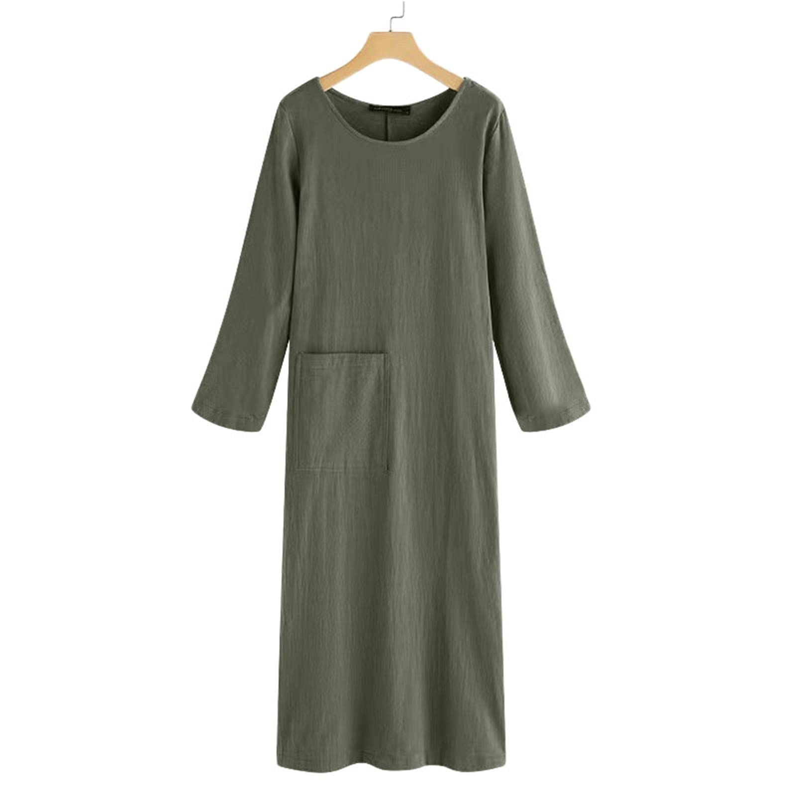 A Line Summer Dresses for Women 2023 Women Long Sleeve O Neck Solid Literary Retro Casual Dress with Pockets Army Green