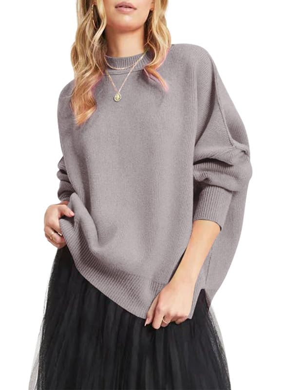 Dokotoo Cashmere Sweaters for Women Trendy Puff Long Sleeve Cute Pullover for Women Business Casual Waffle Knit Fall Fashion Tops Winter Clothes Crewneck Oversized Gray Sweater Large