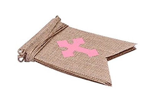 First Communion God Bless Banner - Ready to Hang Burlap Garland - Baptism Christening Church Celebration Decoration – Pink Cross Confirmation Design by Jolly Jon