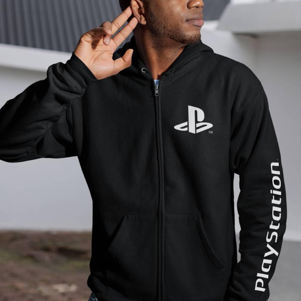 Ripple Junction Sony PlayStation Men's Full Zip Hooded Sweatshirt Iconic PS Logo & Sleeve Graphic Gamer Hoodie Black L