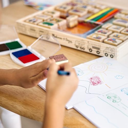 Melissa & Doug Deluxe Wooden Stamp and Coloring Set β Vehicles (30 Stamps, 6 Markers, 2 Durable 2-Color Stamp Pads)