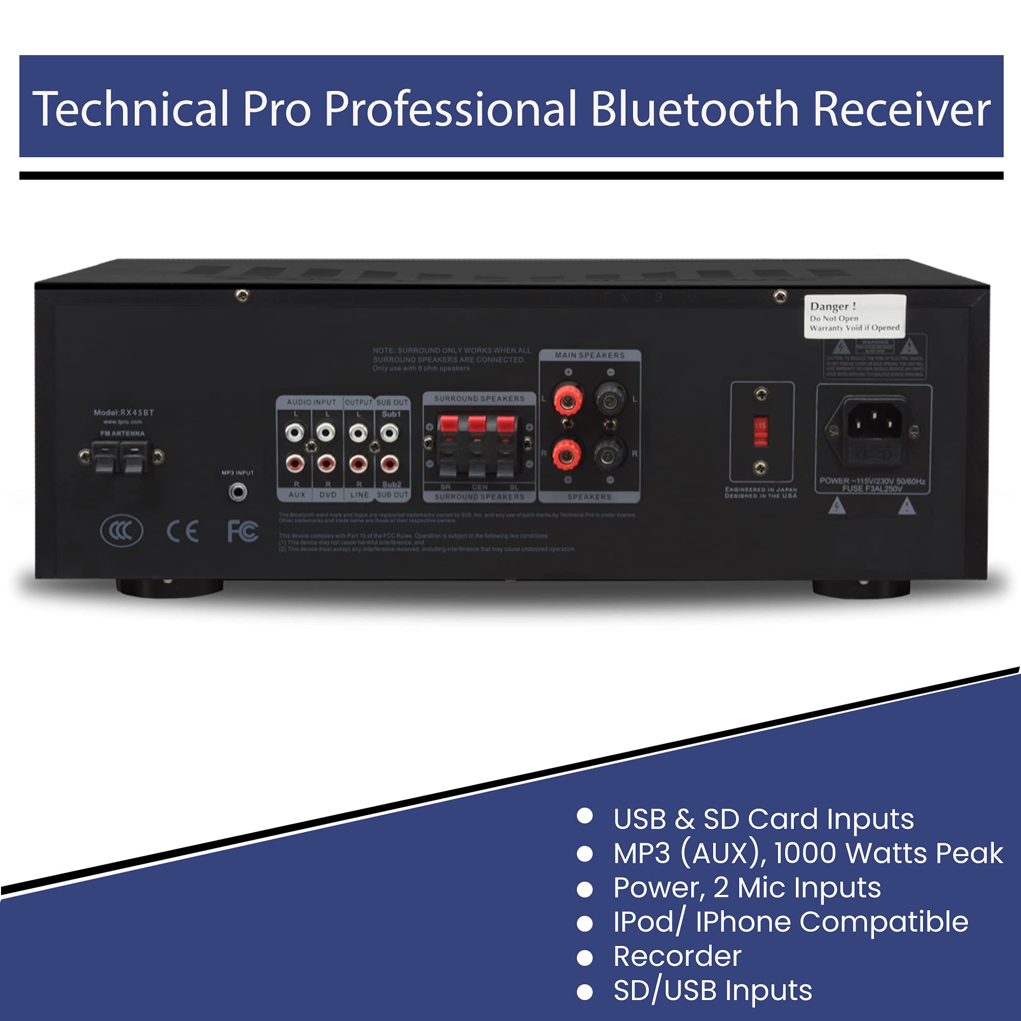 Technical Pro Professional 1000 Watts Receiver with USB SD Card Inputs, 2 Mic Inputs, Recorder, and Wireless Remote