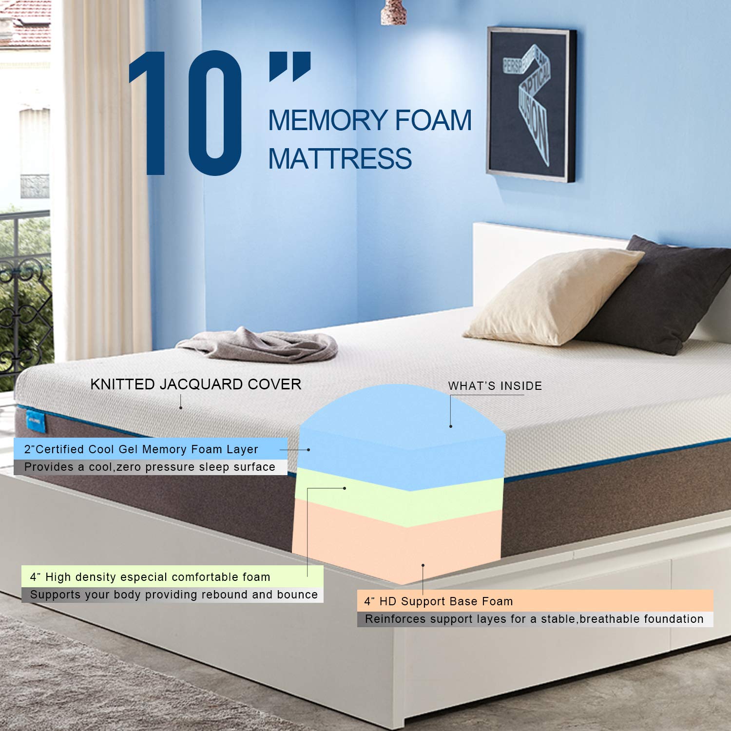 JINGWEI Short Queen Mattress, 10 Cooling-Gel Memory Foam Mattress Bed in a Box for for Cooler Sleep Supportive & Pressure Relief,Short Queen Size Mattress,60" X 74" X 10"
