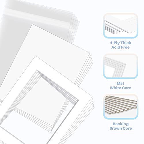 AUEAR, 5 Pack White 11X14 Bevel Cut White Core Picture Mat for 8.5X11 Photo/Print/Artworks - 5 Pre-Cut Acid Free Picture Frame Mat + 5 Backing Board + 5 Clear Bag