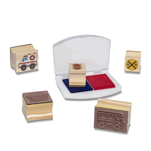 Melissa & Doug Deluxe Wooden Stamp and Coloring Set β Vehicles (30 Stamps, 6 Markers, 2 Durable 2-Color Stamp Pads)