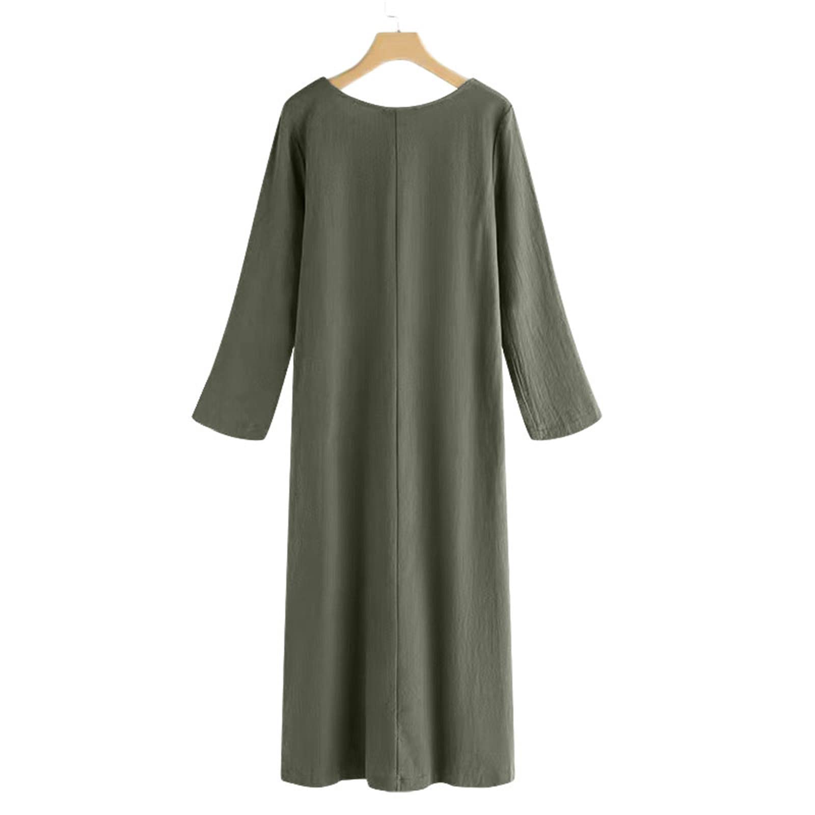 A Line Summer Dresses for Women 2023 Women Long Sleeve O Neck Solid Literary Retro Casual Dress with Pockets Army Green