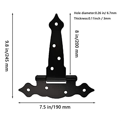 Heavy Duty Hinge,Long Strap T Hinge, 2pcs Black T-Shaped Heavy Duty Door Hinges, Flower-Shaped Decorative Strap Hinges Barn Door Wooden Fence Gate Hinges with Screws