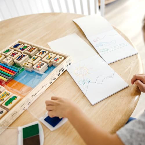 Melissa & Doug Deluxe Wooden Stamp and Coloring Set β Vehicles (30 Stamps, 6 Markers, 2 Durable 2-Color Stamp Pads)