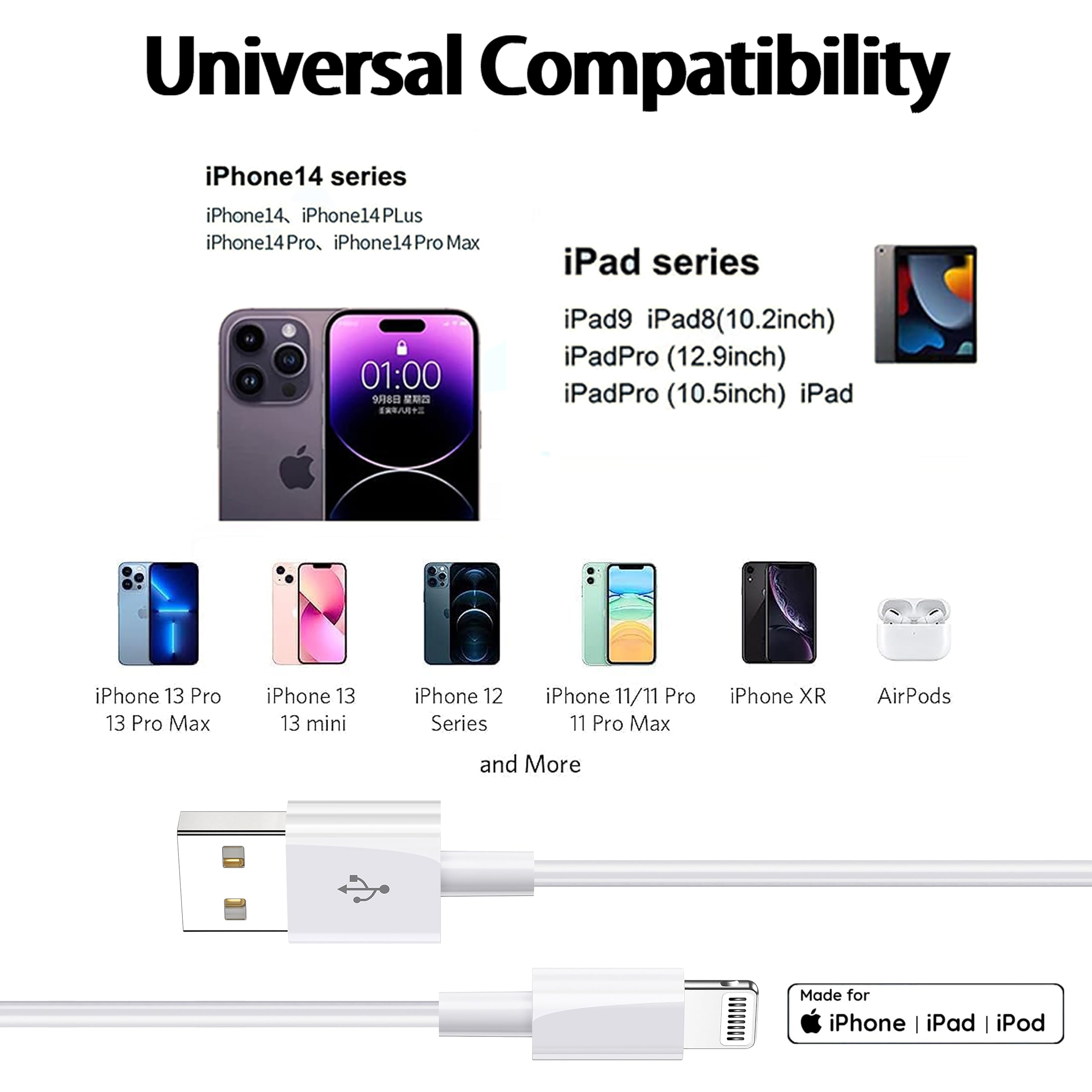 iPhone Charger Cord 3ft Lightning Cable 3Pack Durable Charging Wire Apple MFi Certified for iPhones 14 13 12 11 Pro Max XR XS SE X 8 7 6 5 Plus iPad