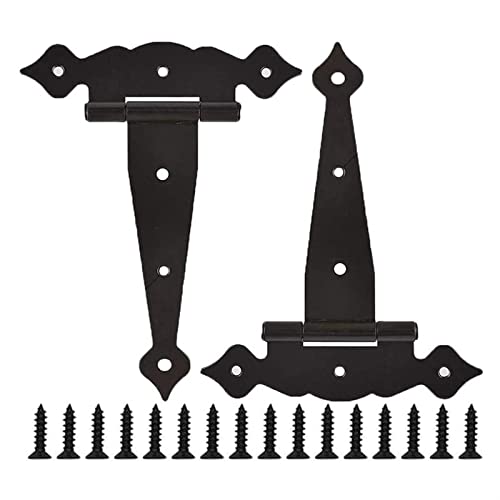 Heavy Duty Hinge,Long Strap T Hinge, 2pcs Black T-Shaped Heavy Duty Door Hinges, Flower-Shaped Decorative Strap Hinges Barn Door Wooden Fence Gate Hinges with Screws