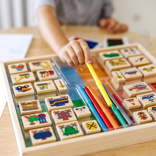 Melissa & Doug Deluxe Wooden Stamp and Coloring Set β Vehicles (30 Stamps, 6 Markers, 2 Durable 2-Color Stamp Pads)